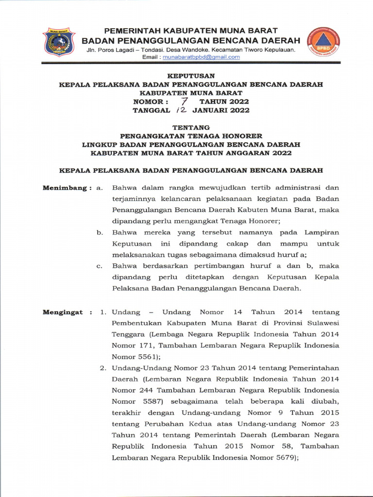 07 SK Honorer BPBD 2022-1 | PDF