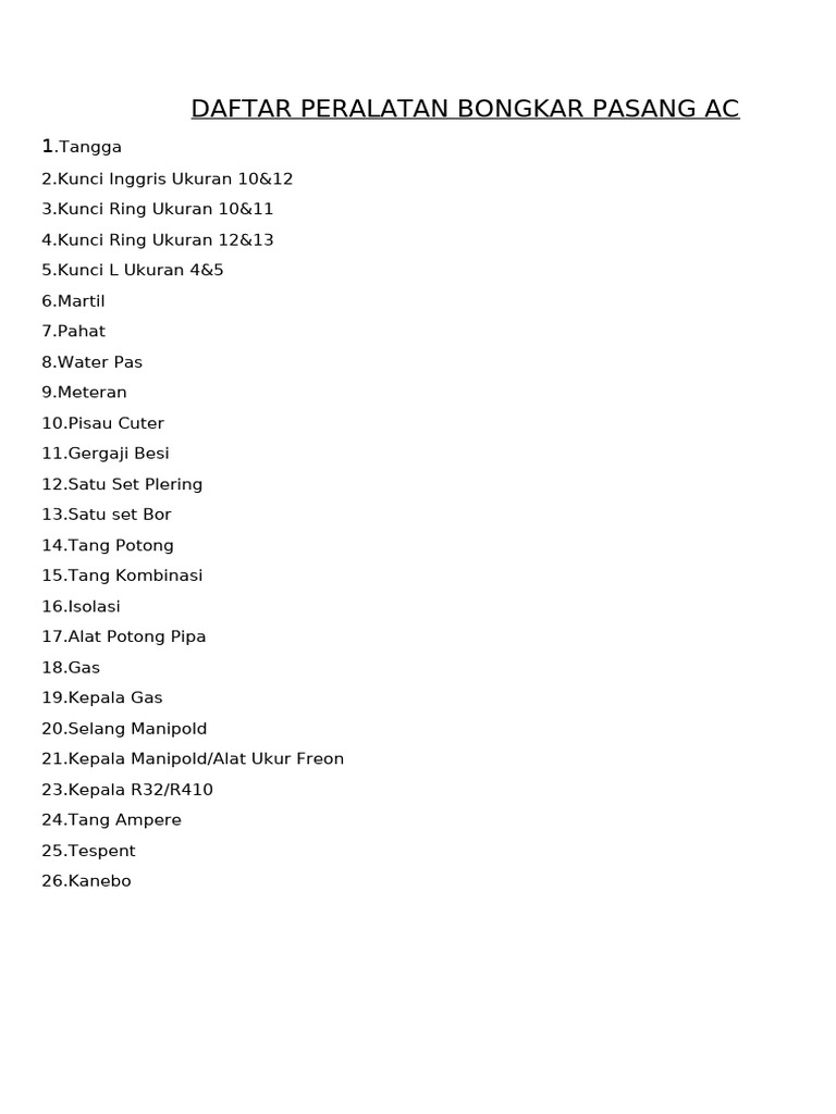 Daftar Peralatan Bongkar Pasang Ac 1 | PDF