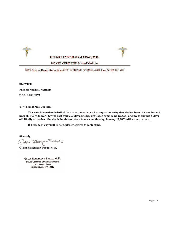 Nermein Michael Sick Note | PDF