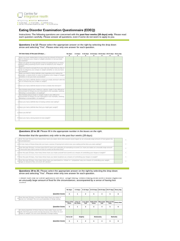 Eating Disorder Examination Questionnaire Excel Version v5 | PDF | Eating | Behavioural Sciences