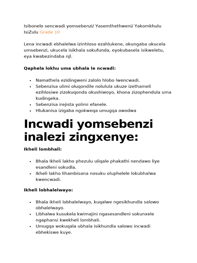 Isibonelo Sencwadi Yokucela Umsebenzi | PDF
