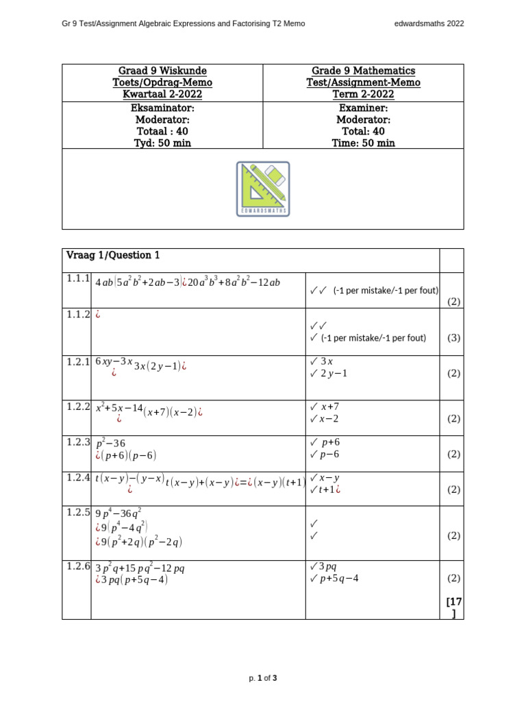 Gr 9 Edwardsmaths Test or Assignment Algebraic Expressions and ...