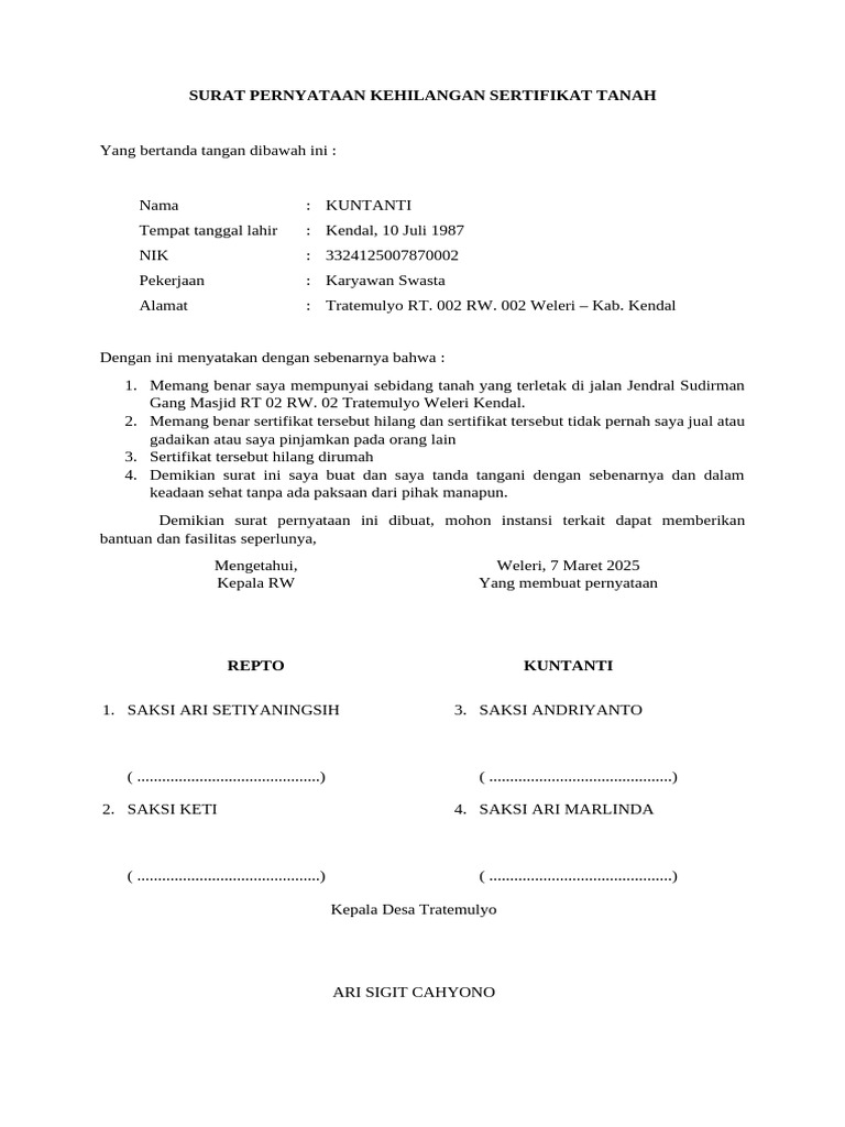 Surat Pernyataan Kehilangan Sertifikat Tanah | PDF