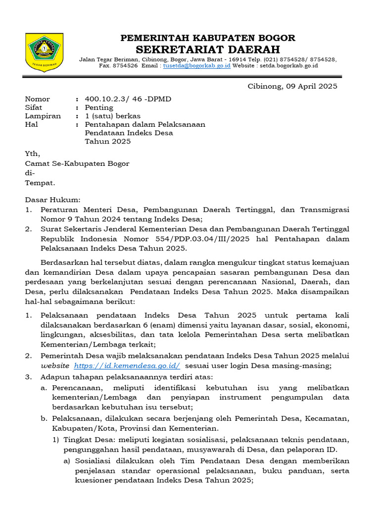 Surat Sekretariat Daerah Hal Pendataan Indeks Desa Tahun 2025 | PDF