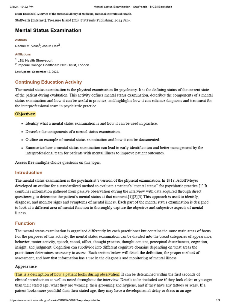 Mental Status Examination - StatPearls - NCBI Bookshelf | PDF | Mental ...