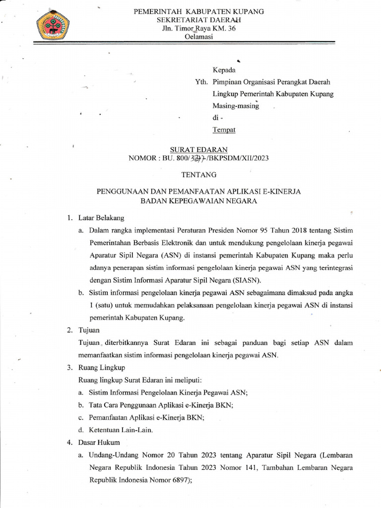 Edaran Penggunaan Aplikasi E-Kinerja BKN Instansi Kab. Kupang | PDF