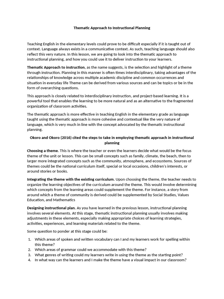 Thematic Approach in Instructional Planning | PDF | Learning | Curriculum