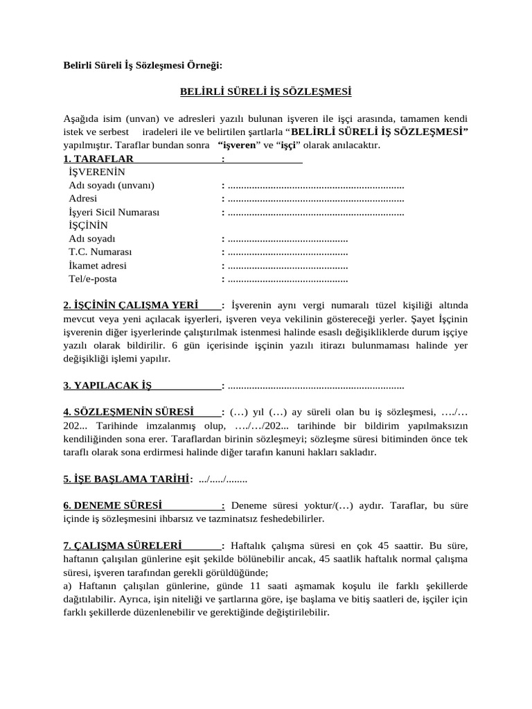 Belirli Sureli Is Sozlesmesi Ornegi | PDF