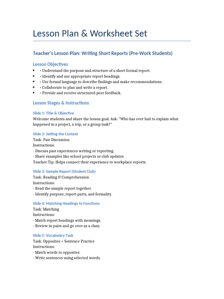 Writing Short Reports Lesson Plan and Worksheet | PDF | Lesson Plan ...