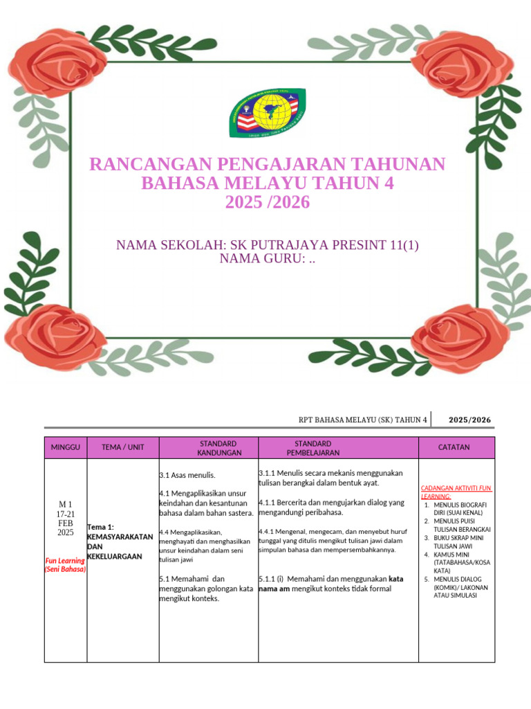 RPT BM Tahun 4 2025 2026 Selaras Putrajaya SKPP11 1 | PDF