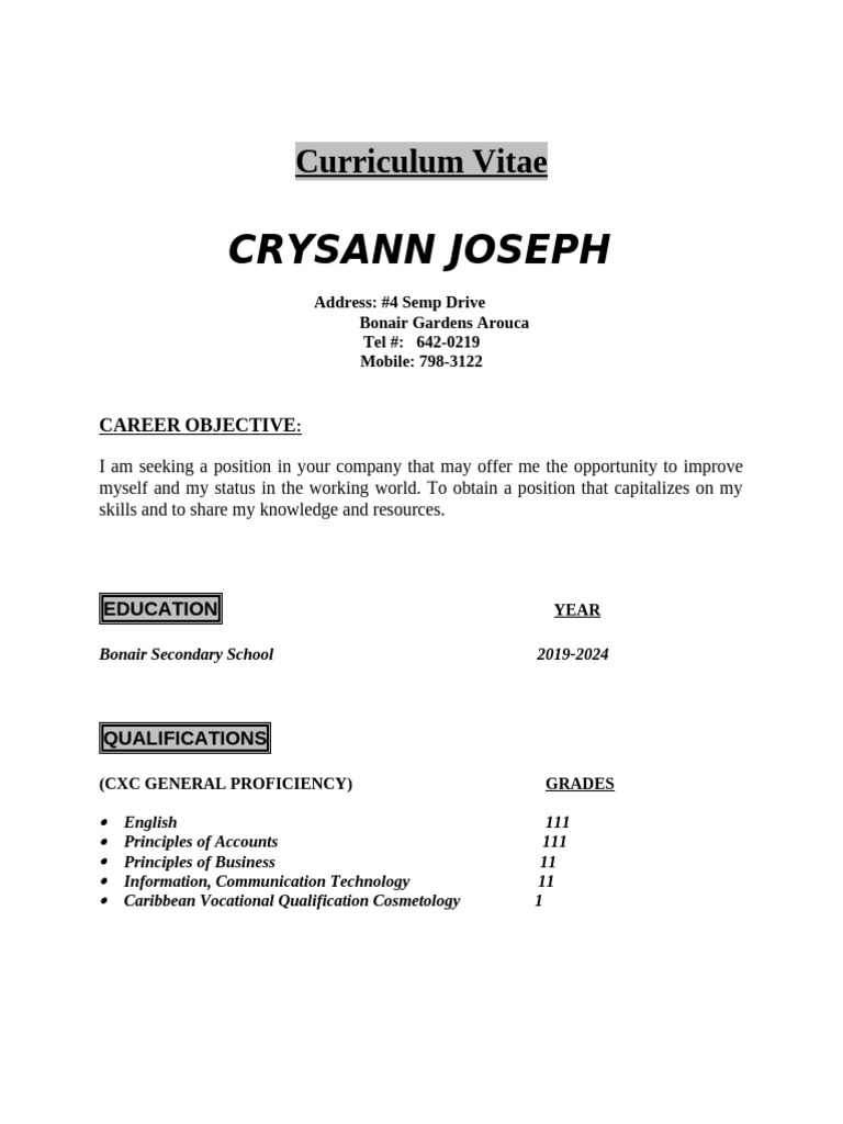 Curriculum Vitae - Crysann Joseph | PDF