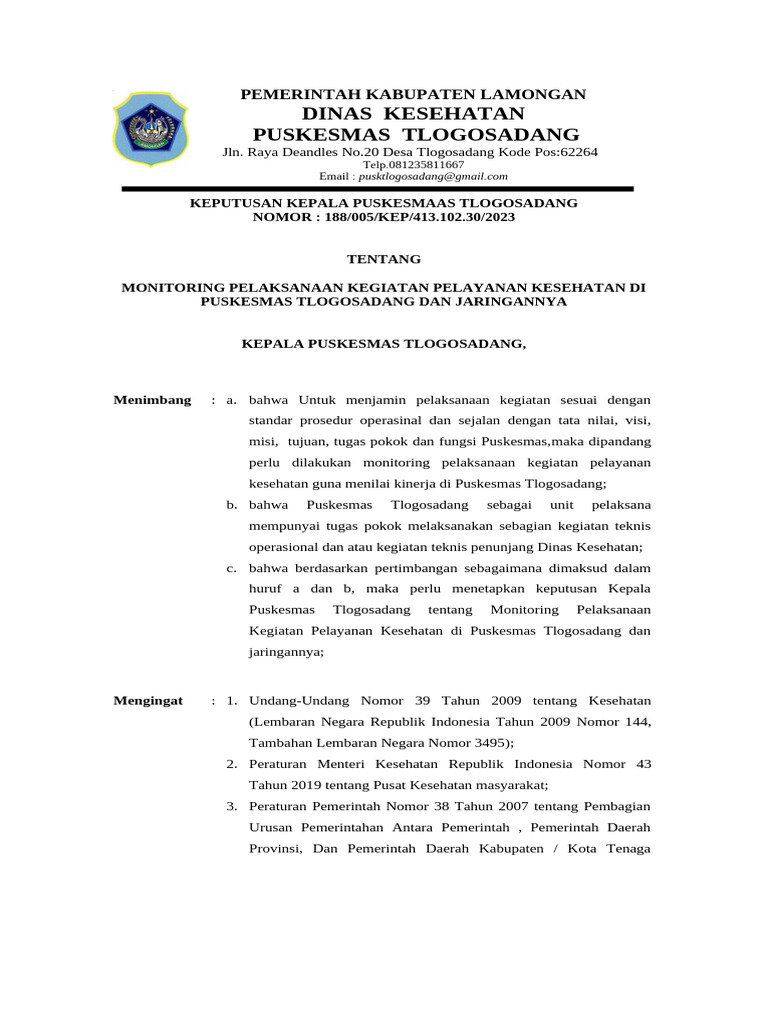 005 SK Monitoring Pelaksanaan Kegiatan Pelayanan Kesehatan | PDF