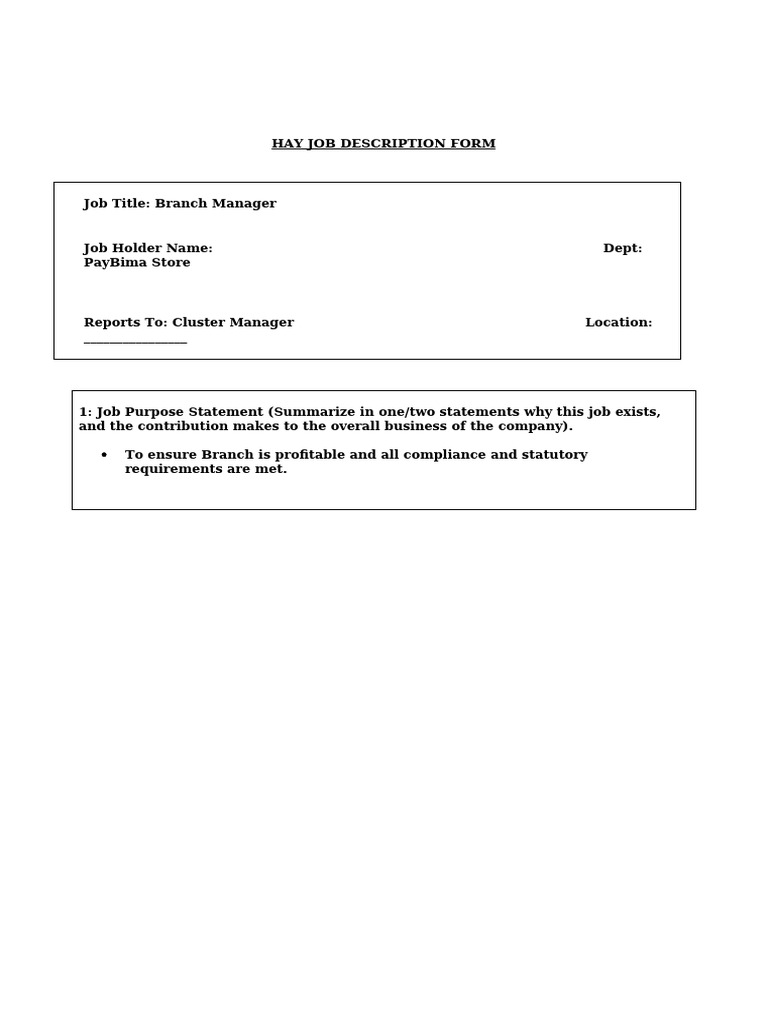 Job Description Form - Branch Manager | PDF | Marketing | Business