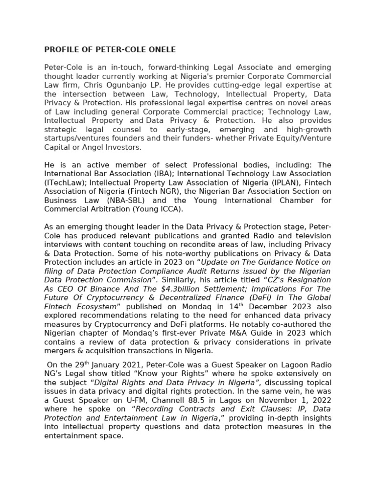 Profile of Peter-Cole Onele For Privcon Privacy Awards | PDF | Nigeria | Business