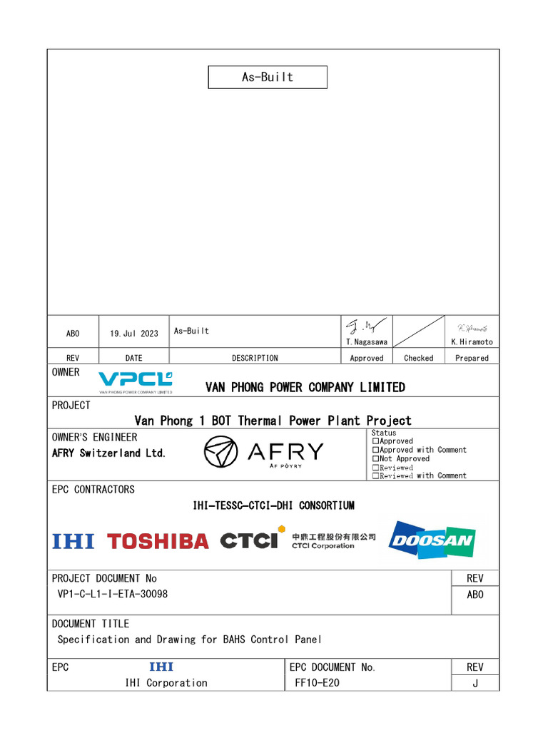 VP1-C-L1-I-ETA-30098 Rev - AB0 Specification and Drawing For BAHS Control Panel | PDF