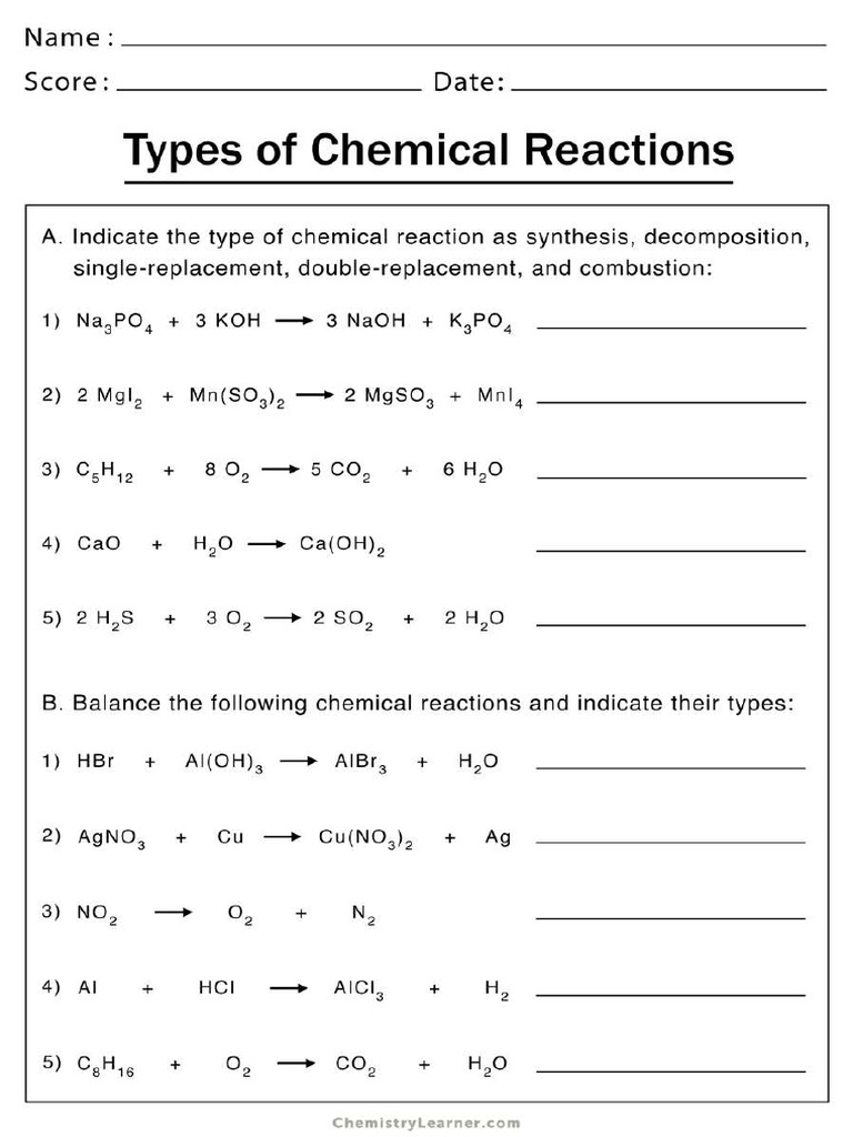 Types of Chemical Reactions Worksheet | PDF
