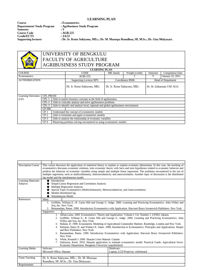 Econometrics Learning Plan AGB-225 | PDF | Regression Analysis | Econometrics