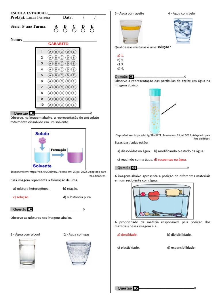 Prova 2º Bimestre 6º Ano - Questões Com Imagens - Gabarito - Respostas | PDF | Flutuabilidade ...