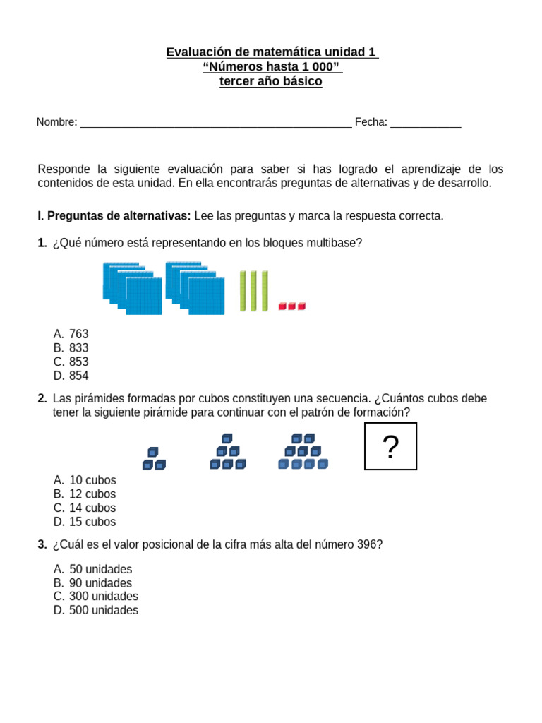 EvaluacionMatematica Números Hasta 1000 | PDF