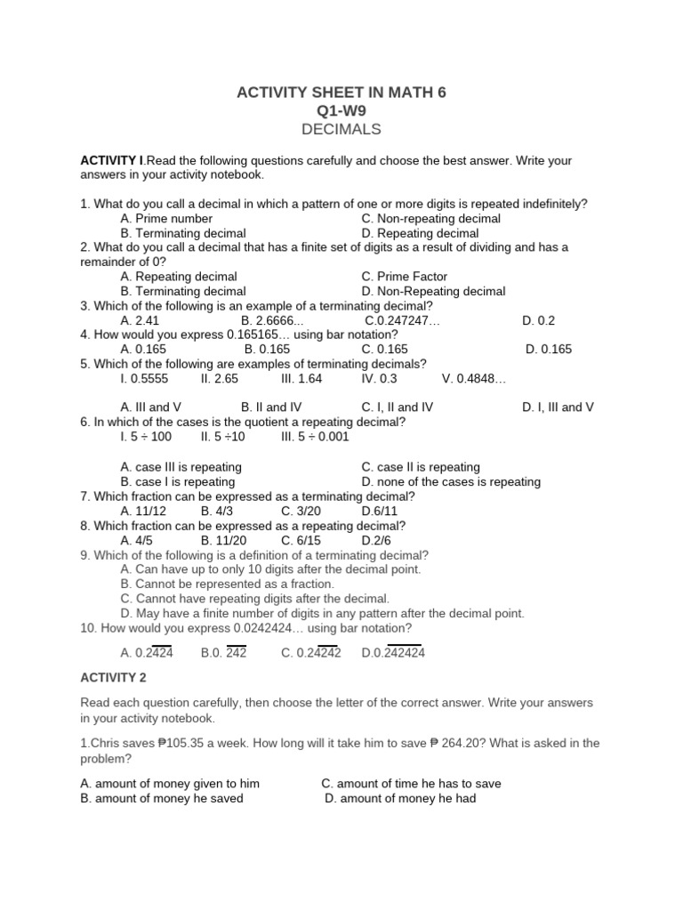 W9-Terminating and Repeating Decimals | PDF | Decimal | Mathematical ...