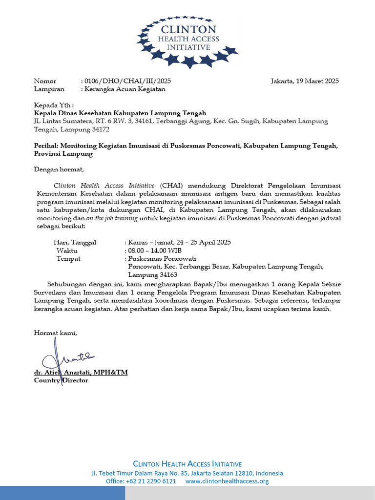 DHO - Surat Dan TOR Monitoring Visit Kab. Lampung Tengah - Updated | PDF