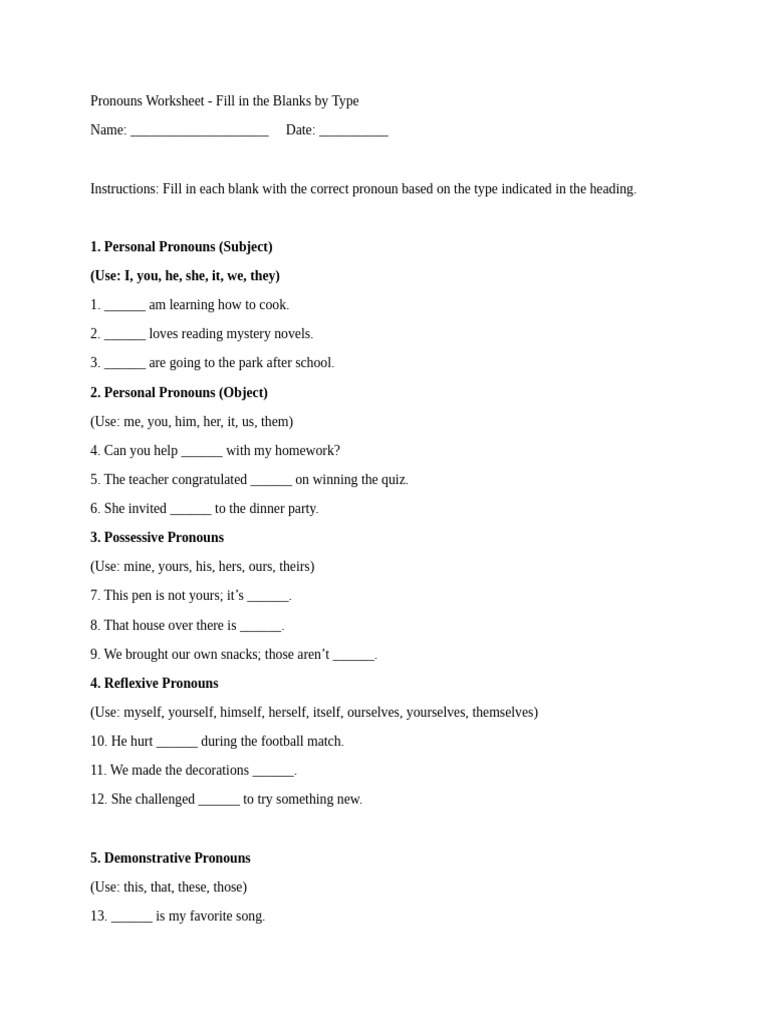 Pronouns Worksheet for Grade 6 | PDF