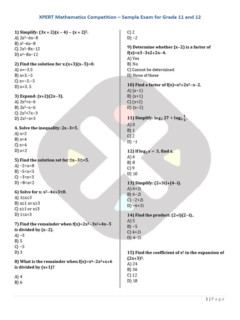 XPERT Mathematics Competition - Sample Exam For Grade 11 and 12 | PDF | Mathematics