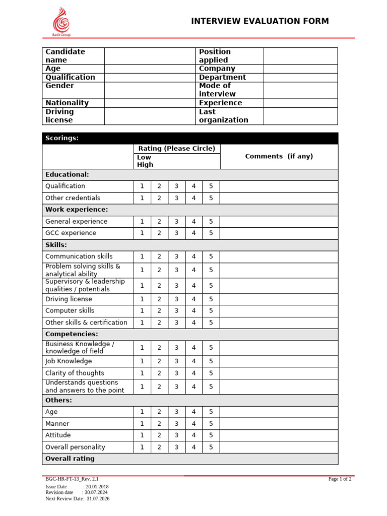 BGC-HR-FT-13 - Interview Evaluation Form | PDF
