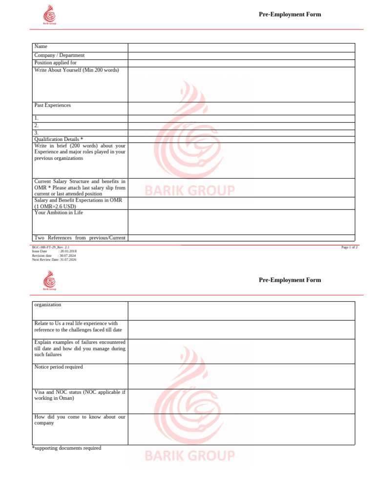 BGC-HR-FT-29 - Pre-Employment Form | PDF
