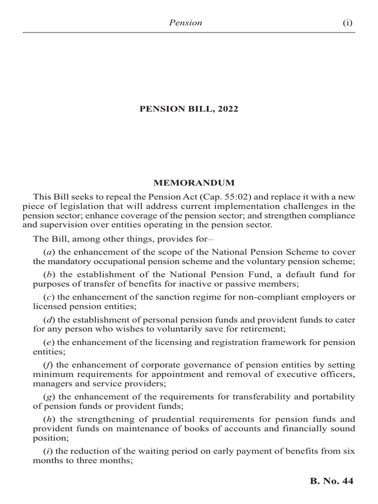 Bill No. 44 of 2022 - PENSION BILL | PDF | Liquidation | Pension