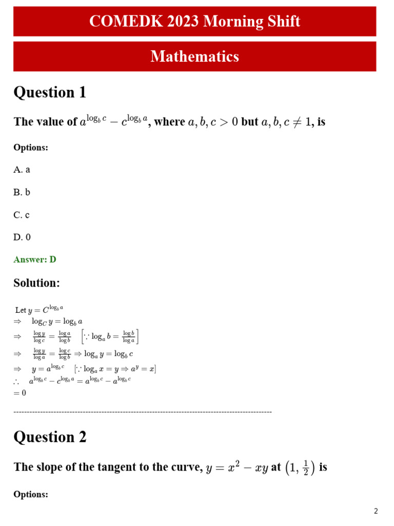 COMEDK 2023 Mathematics Question Paper | PDF | Inequality (Mathematics ...