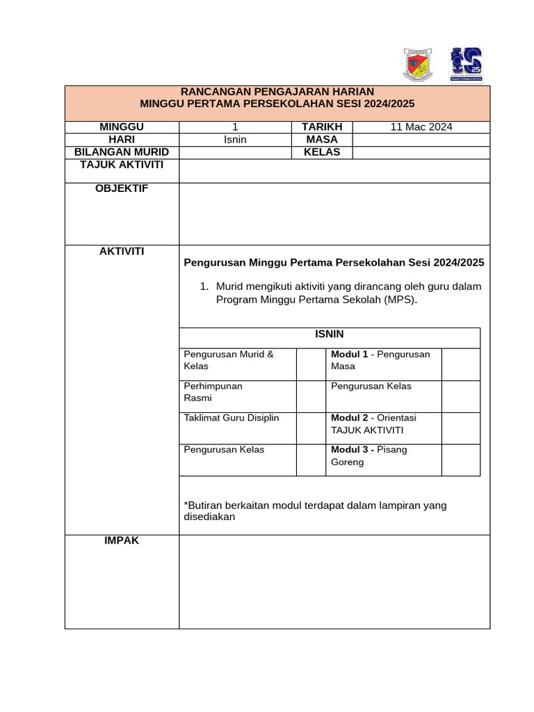 RPH MINGGU PERTAMA PERSEKOLAHAN SES 20242025 | PDF