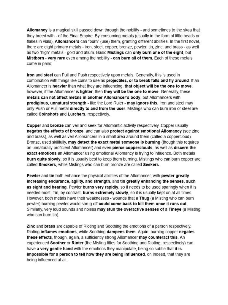 Mistborn - The FInal Empire - Magic Explanation | PDF | Bronze | Metals