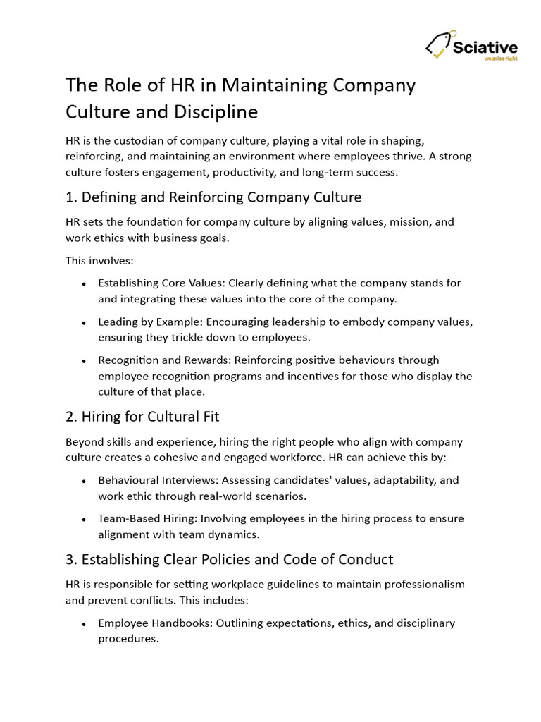 The Role of HR in Maintaining Company Culture and Discipline | PDF ...