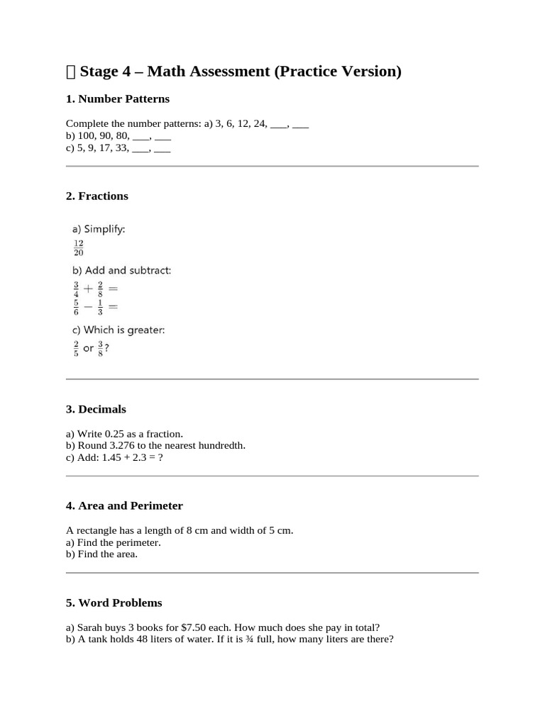 Stage 4 Math Assessment Practice | PDF | Area | Length