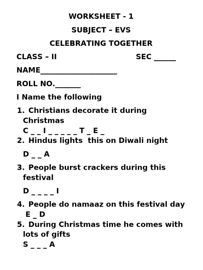 Festivals Worksheet for Class 2 | PDF