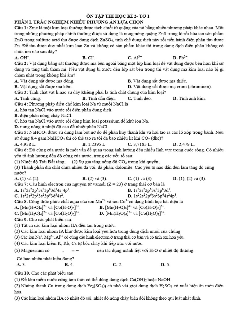 ÔN TẬP 12L THI HK2-TỜ 1-HS | PDF