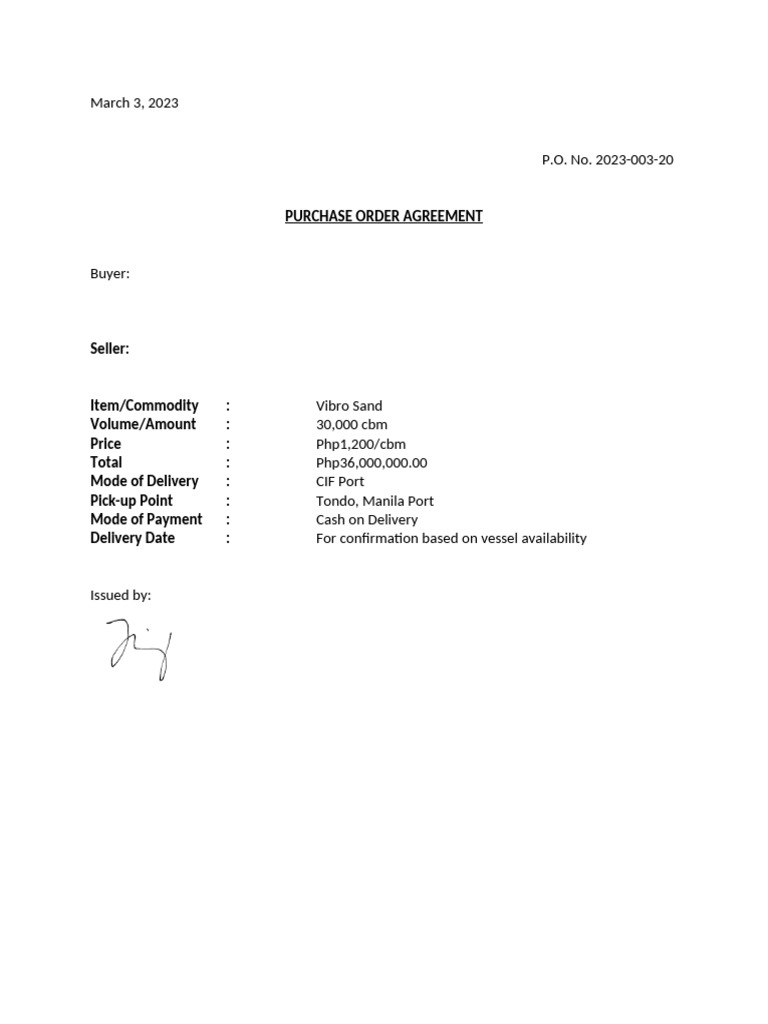 Purchase Order for Vibro Sand 30,000 cbm | PDF