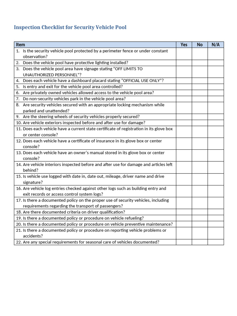 Security Vehicle Pool Inspection Checklist | PDF