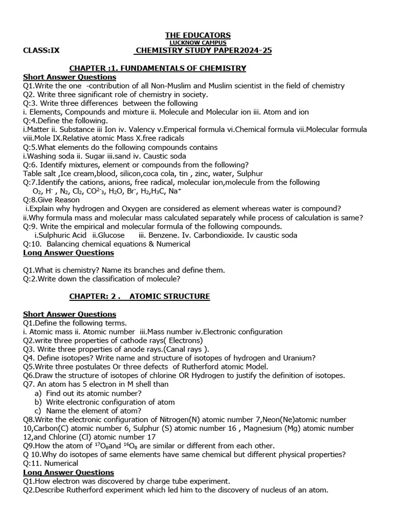 Class 9 Chemistry Guess Paper 2025 | PDF | Chemical Compounds | Molecules