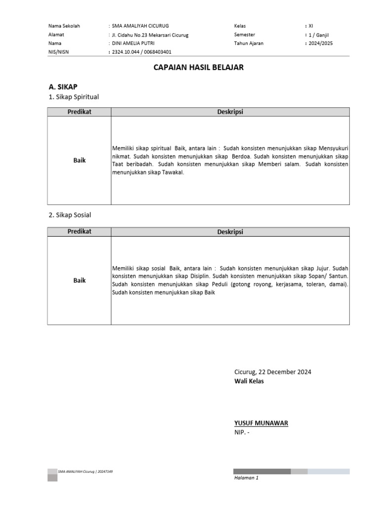 Capaian Belajar Dini Amelia Putri XI | PDF