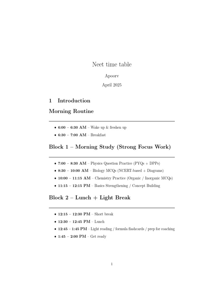 Neet Time Table | PDF
