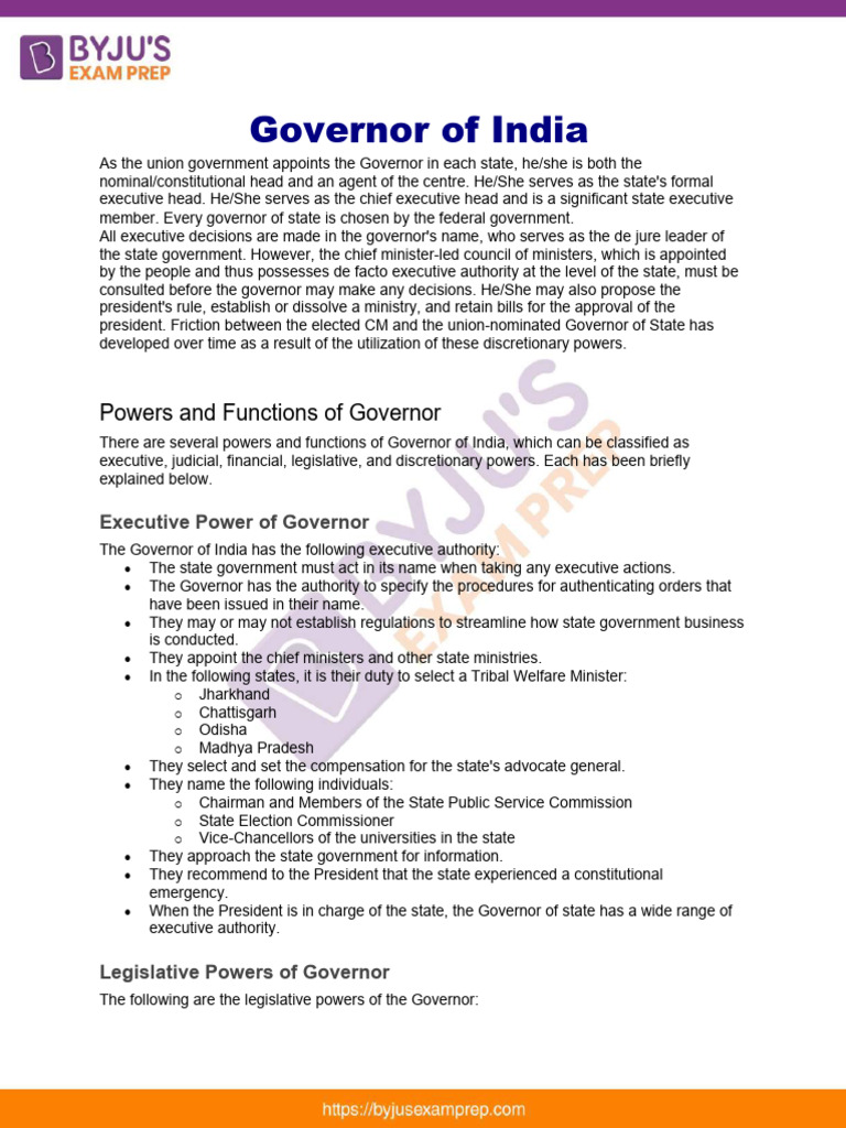 Governor of India Upsc Notes 96 | PDF | Pardon | Bill (Law)