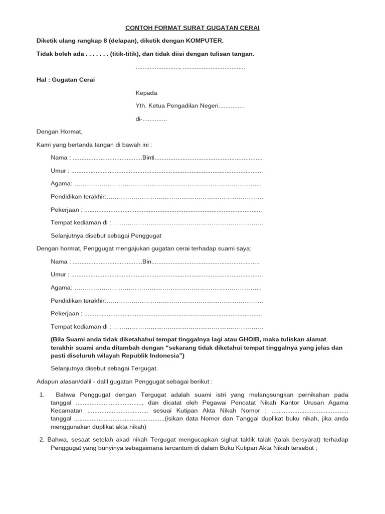 Contoh Format Surat Gugatan Cerai | PDF
