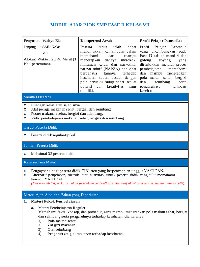 Modul Ajar Pola Hidup Sehat | PDF
