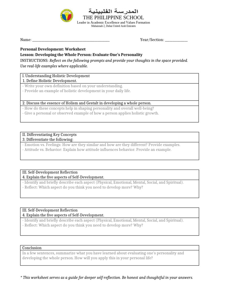 The Philippine School: Personal Development: Worksheet Lesson ...