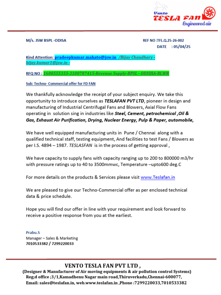 Techno Commercial Offer For FD Fan | PDF