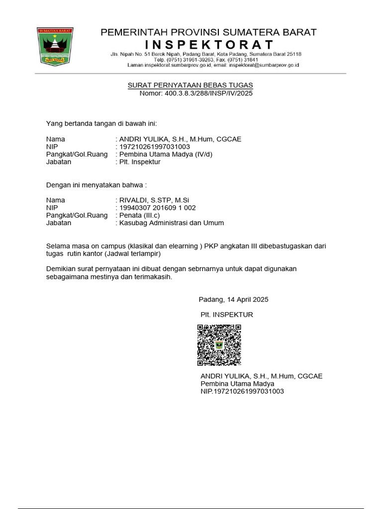 20250415090543surat Pernyataan Bebas Tugas Rivaldi | PDF