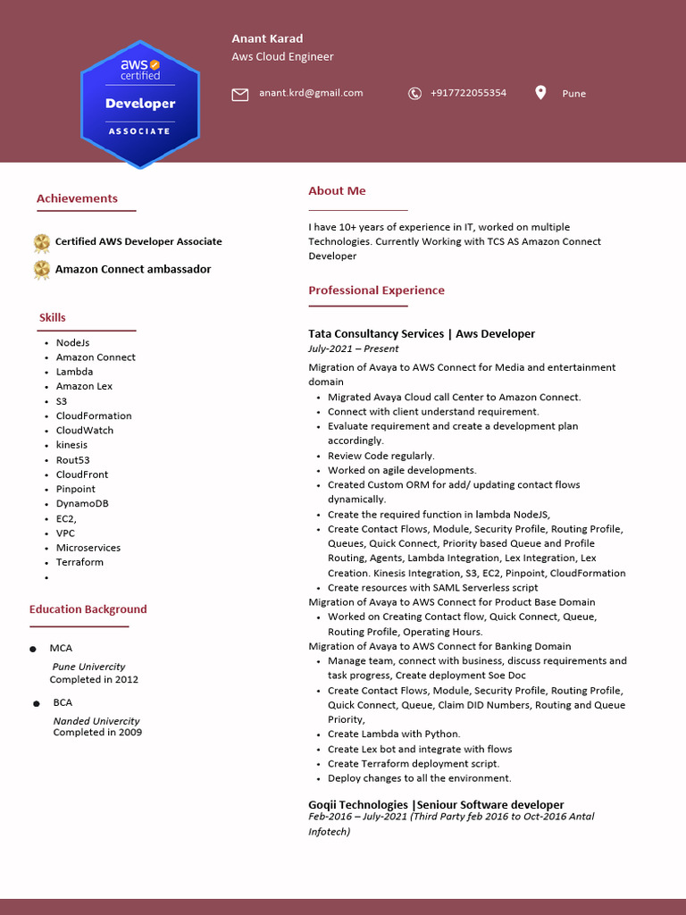 AnantKarad AWS Developer | PDF | Amazon Web Services | Software