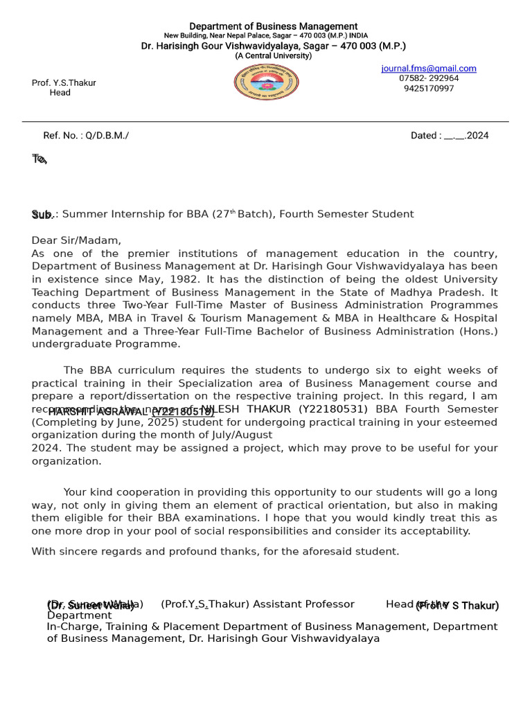 BBA Internship Letter 2024 - HA(1) | PDF